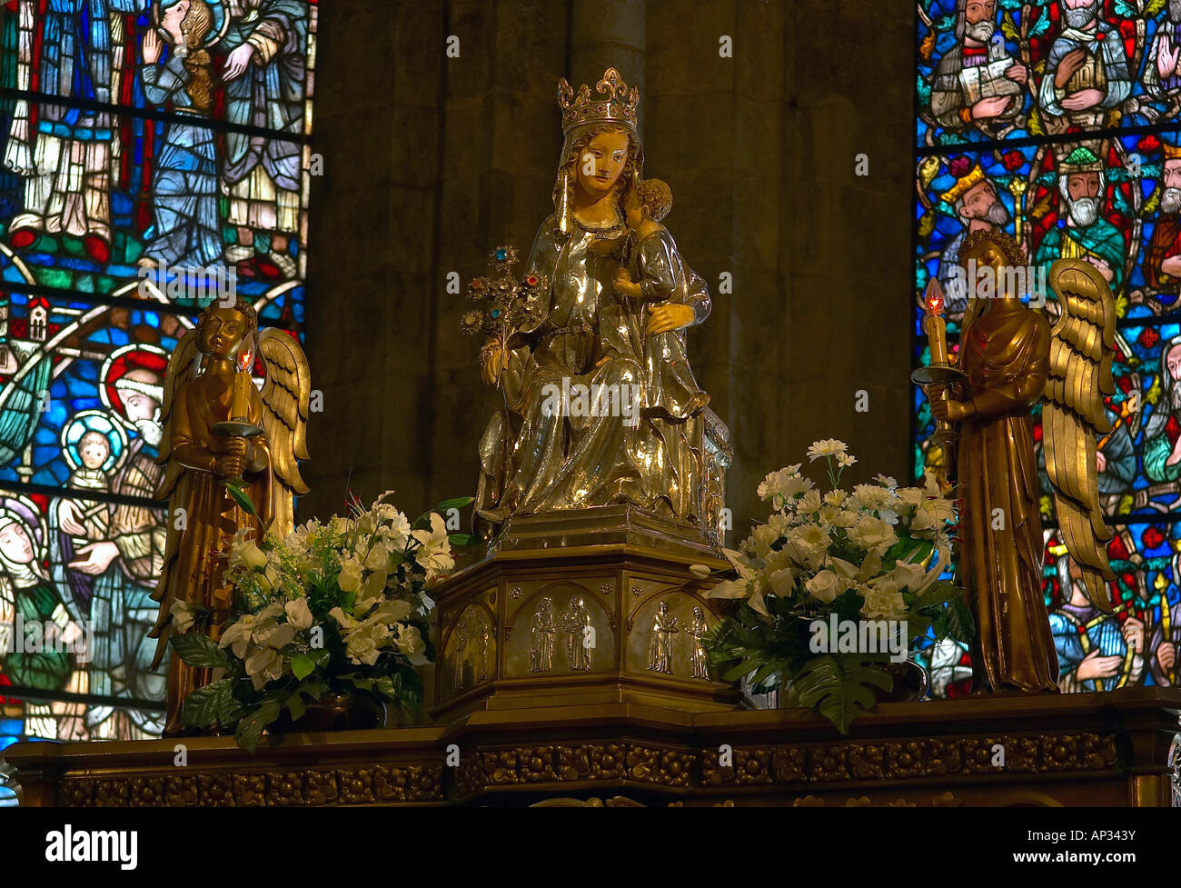 Altar with silver-plated Madonna and baldachin inside monastery, church ...
