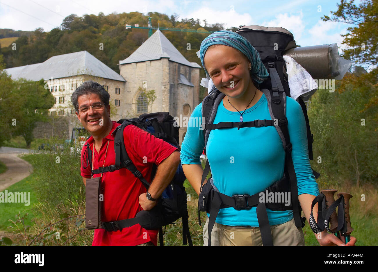 Two pilgrims on the Camino de Santiago, at Roncesvalles, Pyrenees ...
