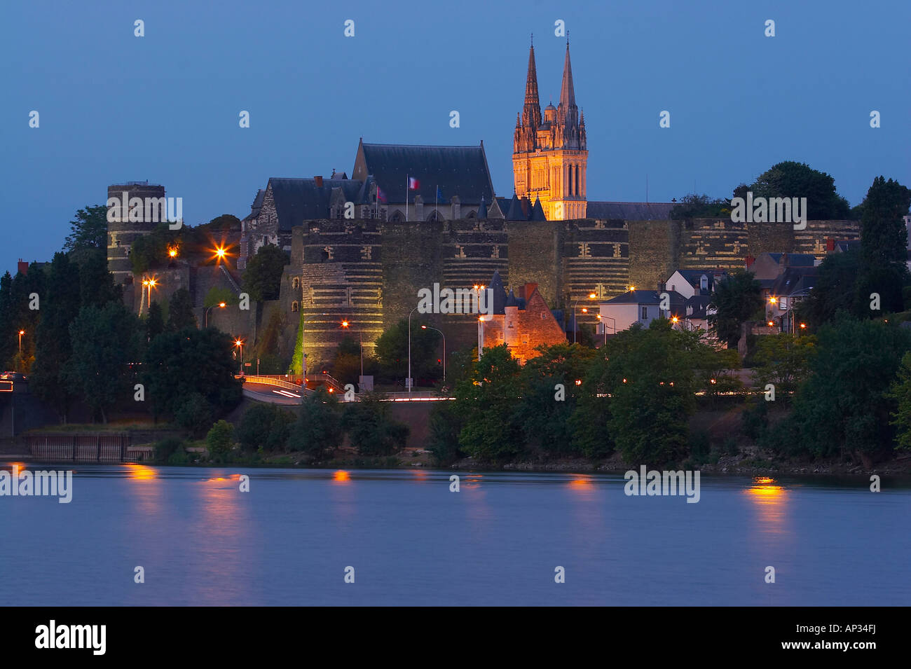 Angers Castle in the early evening and river, La Maine, Angers ...