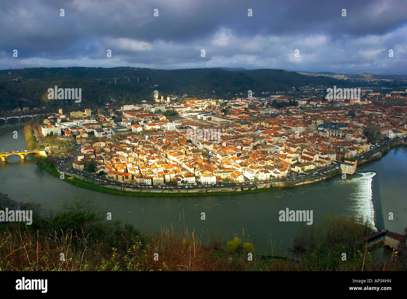 View of the town, city of Cahors from Mont St. Cyr, River Lot valley ...