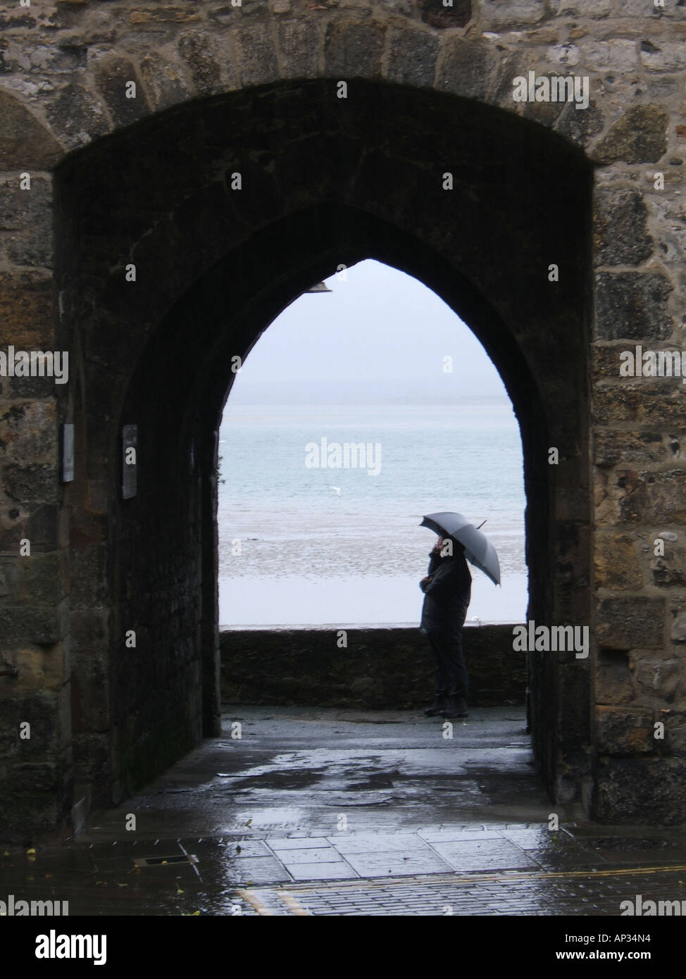 lonely figure with umbrella standing in rain Stock Photo - Alamy