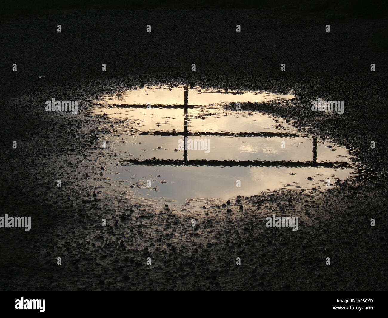 farm gate reflected in pool of water on street Stock Photo - Alamy
