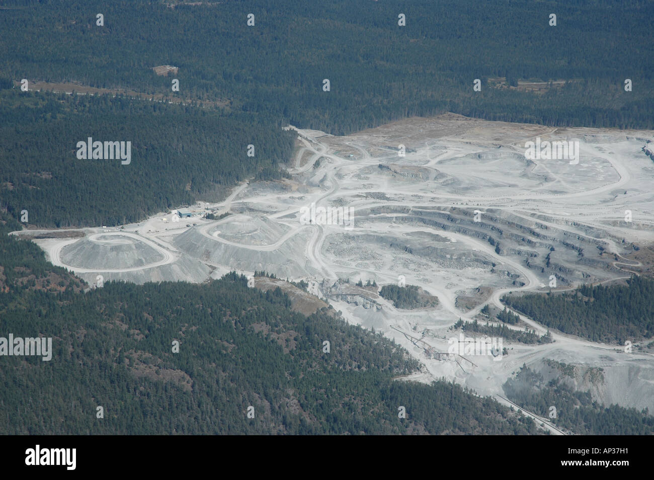 Aerial photo of open pit limestone mine or quarry on Texada Island ...