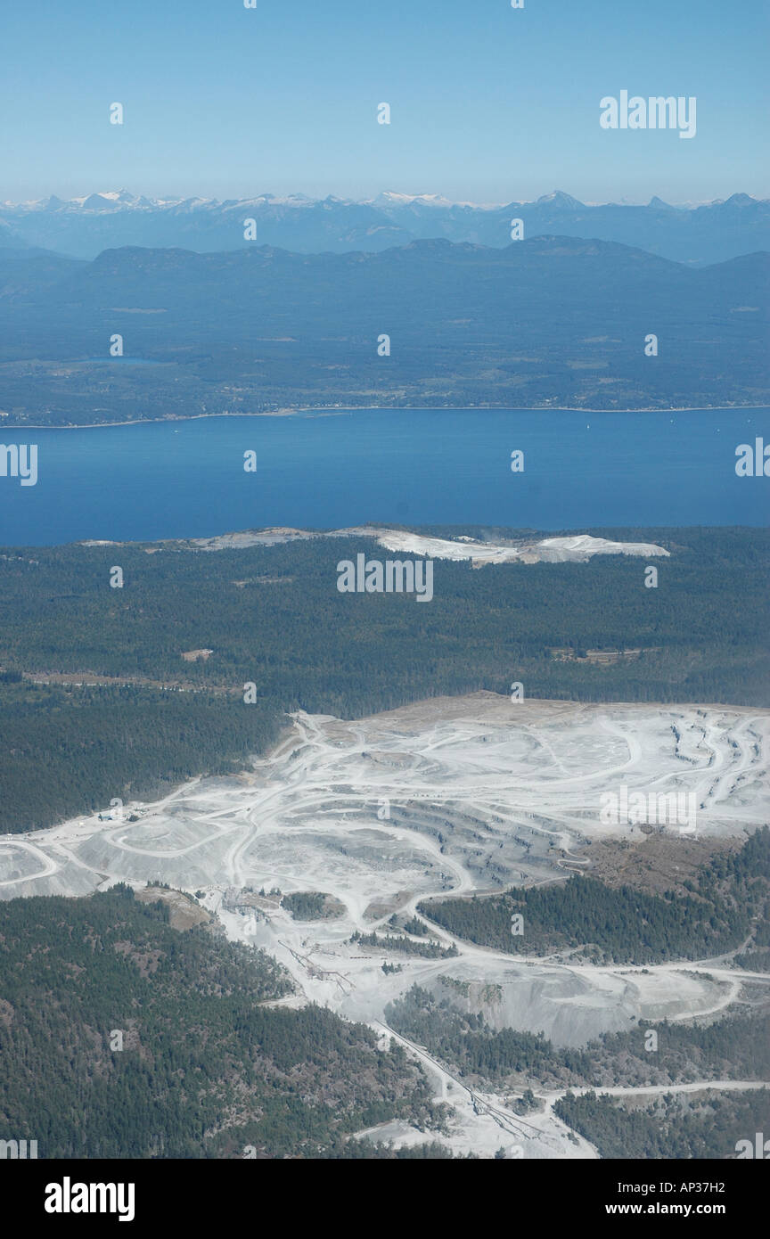 Aerial photo of open pit limestone mine or quarry on Texada Island ...