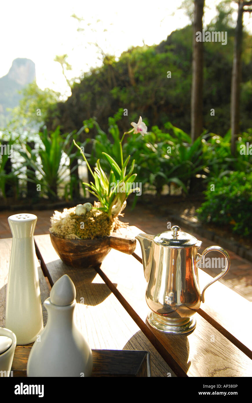 Breakfast and coffee in tropical garden of Hotel Rayavadee, Hat Phra ...