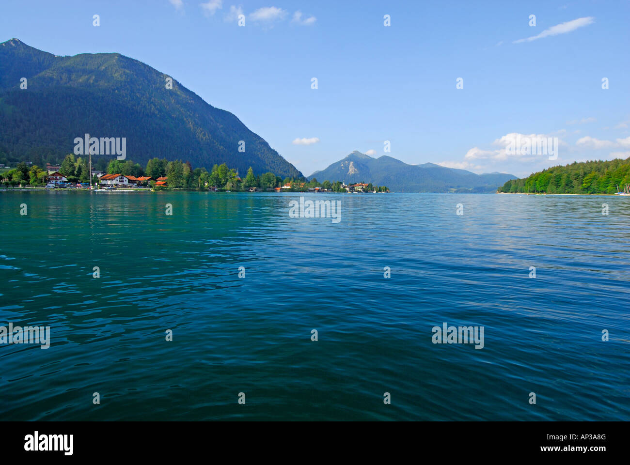 Lake Walchensee with village of Walchensee and Herzogstand and Jochberg ...