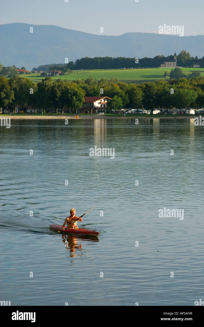 kayaker in lake Waginger See, Chiemgau, Upper Bavaria, Bavaria, Germany ...