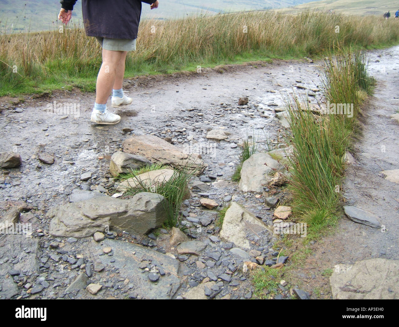 walkers wearing unsuitable clothing on rainy snowdon mountain path ...