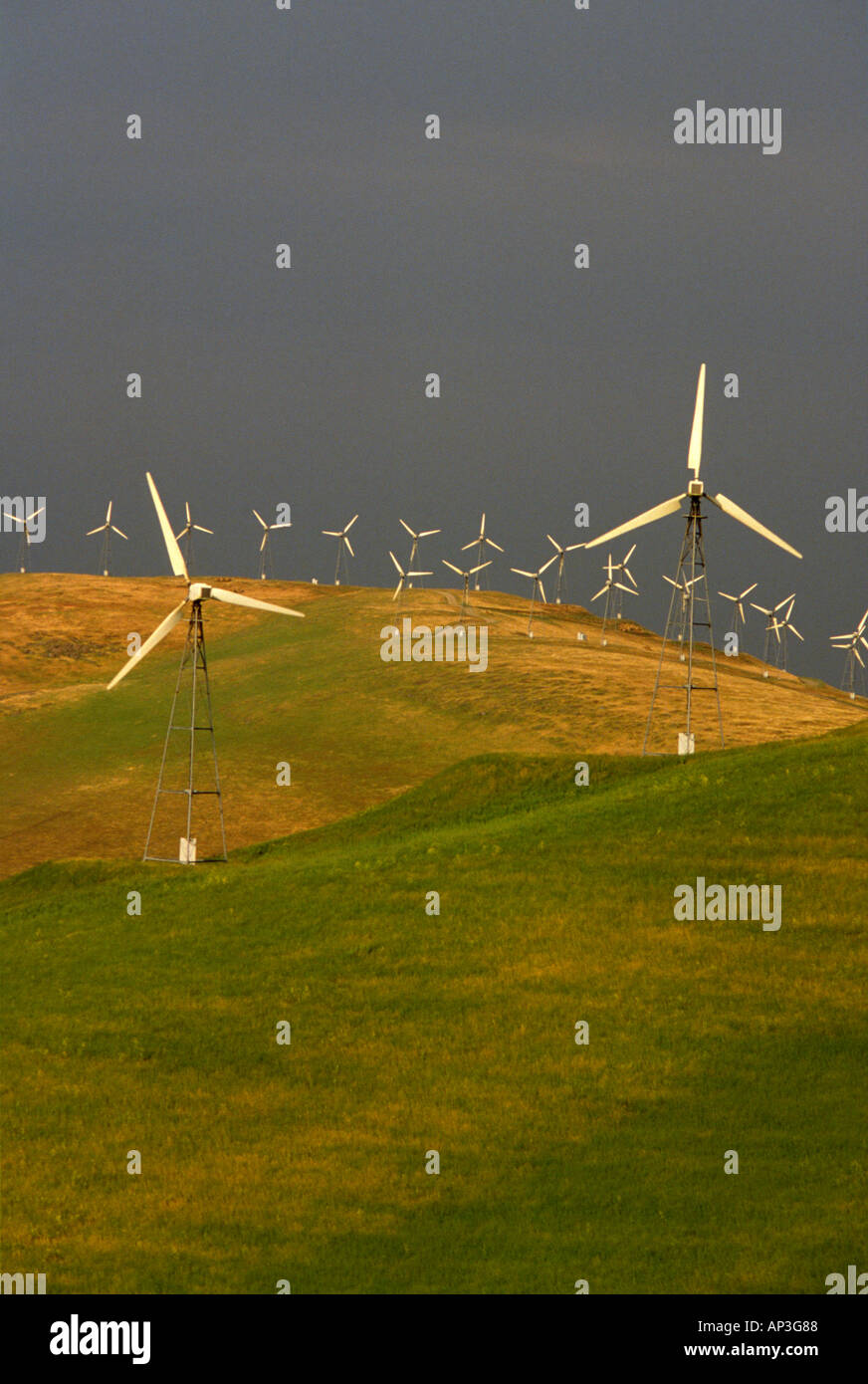 Dark storm clouds blowing away behind wind farm on ranch near Altamont ...