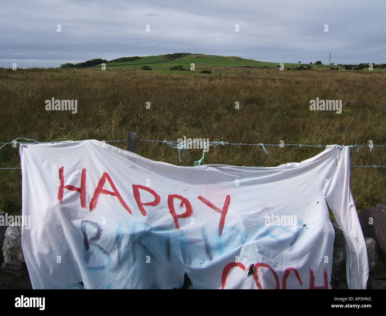 a surprise happy birthday message on road side fence Stock Photo - Alamy