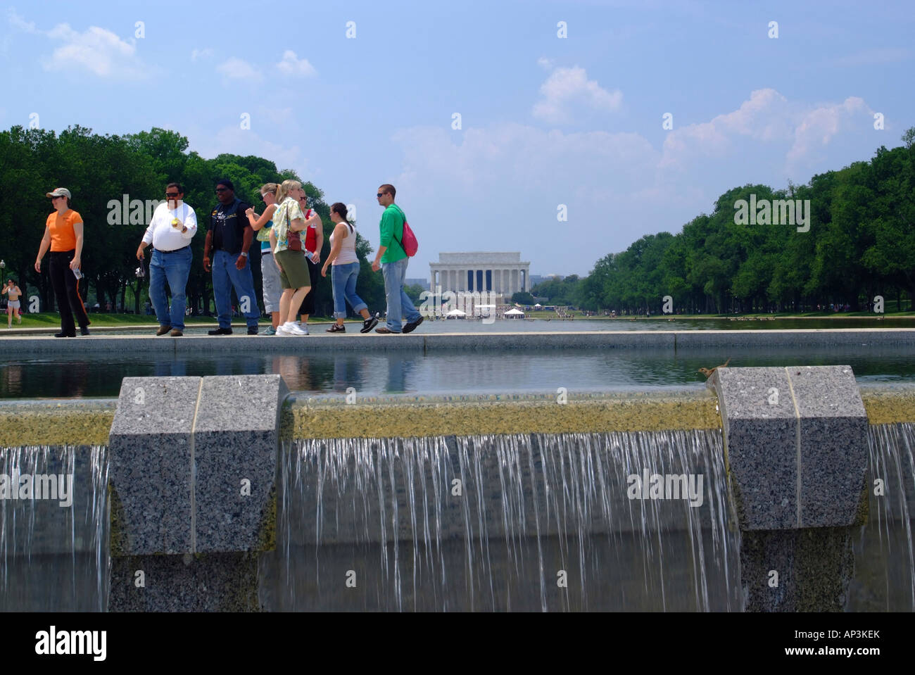 Tourists on Path by Reflecting Pool from World War II Memorial with ...