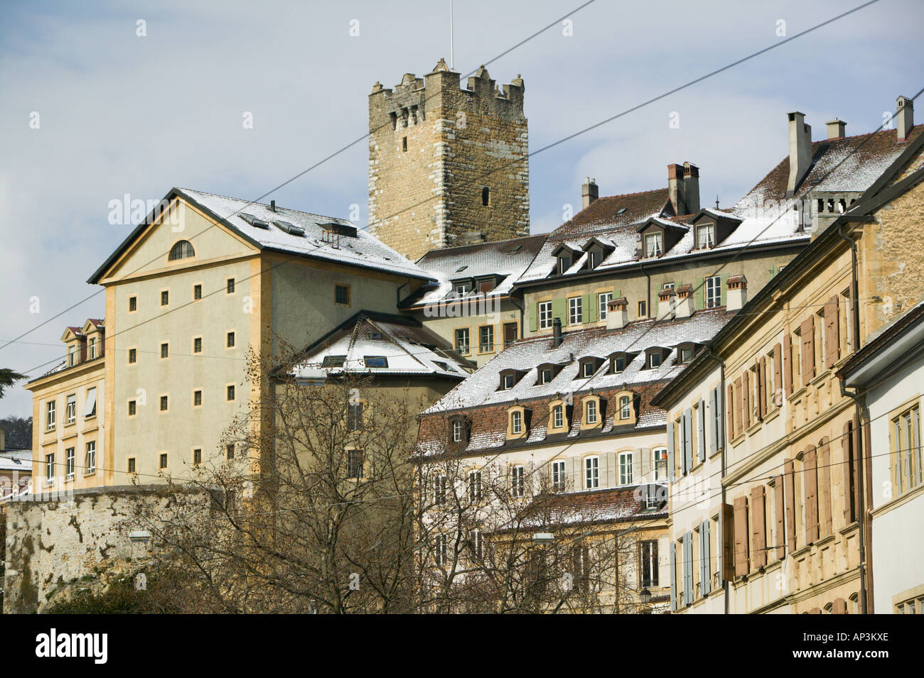 SWITZERLAND, NEUCHATEL: Town View & Prison Tower / Winter Stock Photo ...
