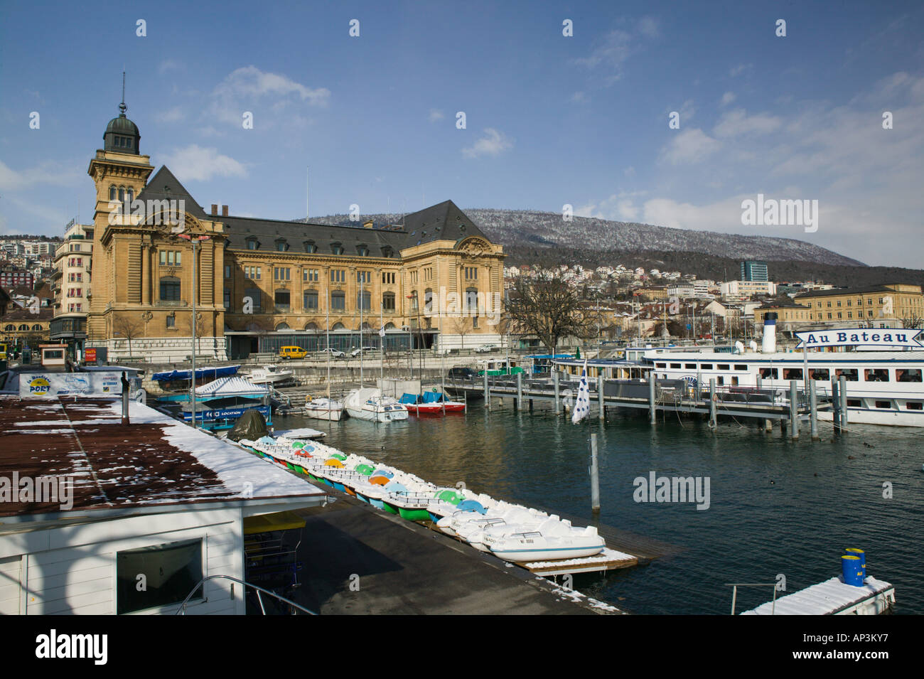 SWITZERLAND, NEUCHATEL: Place du Port on Lake Neuchatel/ Winter Stock ...