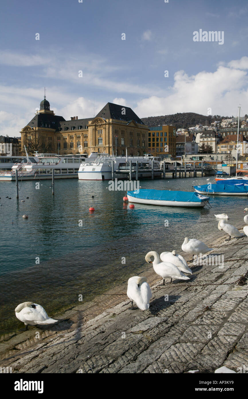 SWITZERLAND, NEUCHATEL: Place du Port on Lake Neuchatel/ Winter Stock ...