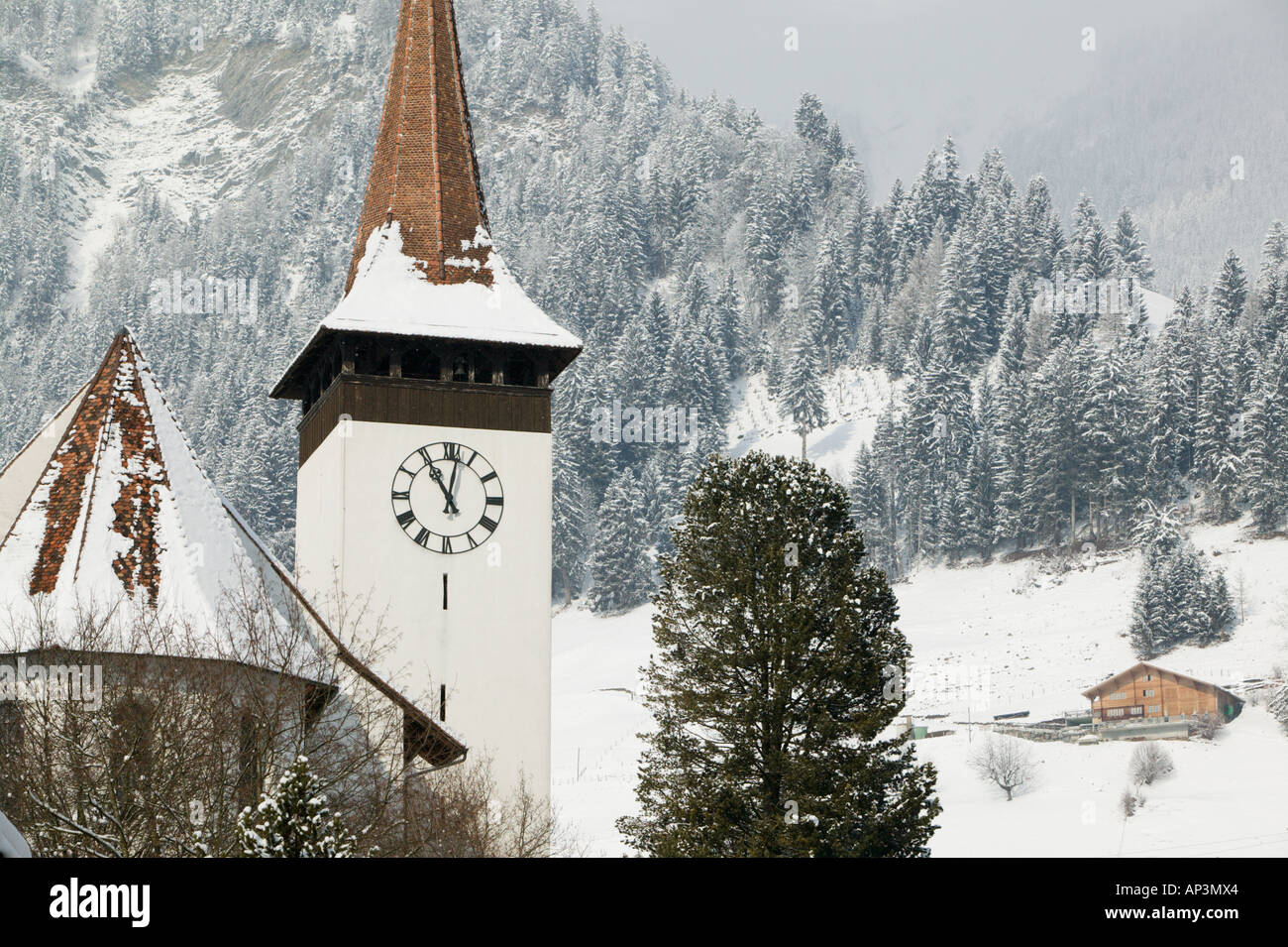 SWITZERLAND, Bern, FRUTIGEN: Kandertal Valley, Town Church / Winter ...