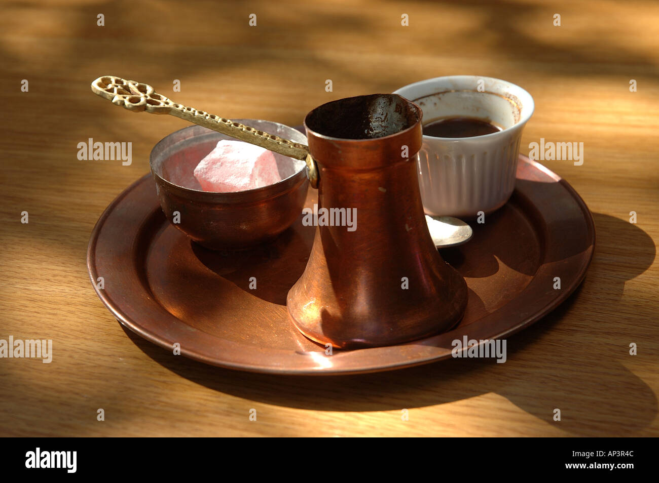 Distinct Bosnian cofee at a cafe in Sarajevo served on traditional tin ...