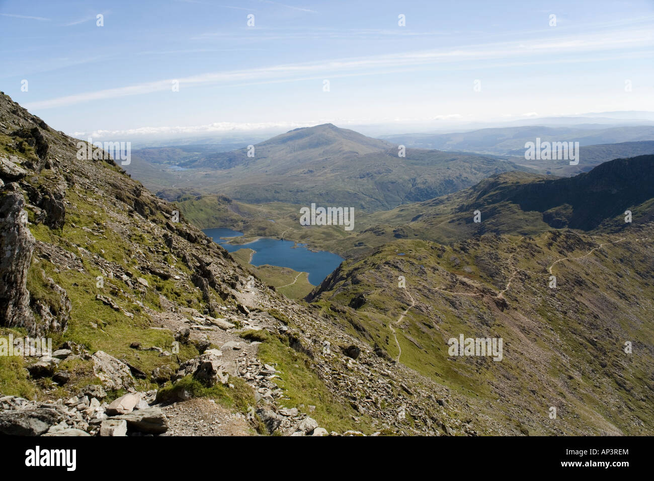 Climbing Snowdon on the Watkin path looking back at the south ridge and ...