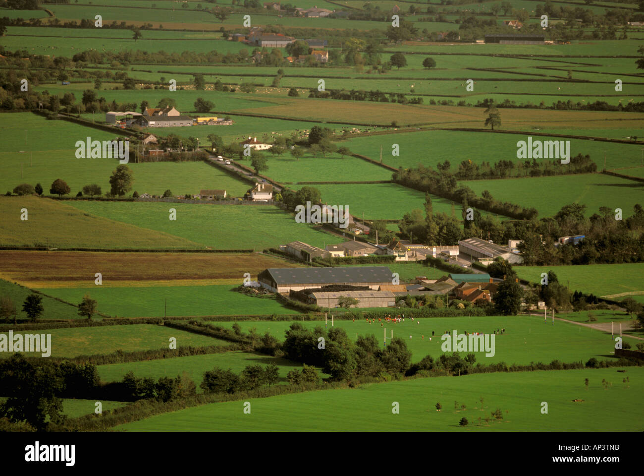 Europe, England, Somerset, Glastonbury. View of football fields from ...