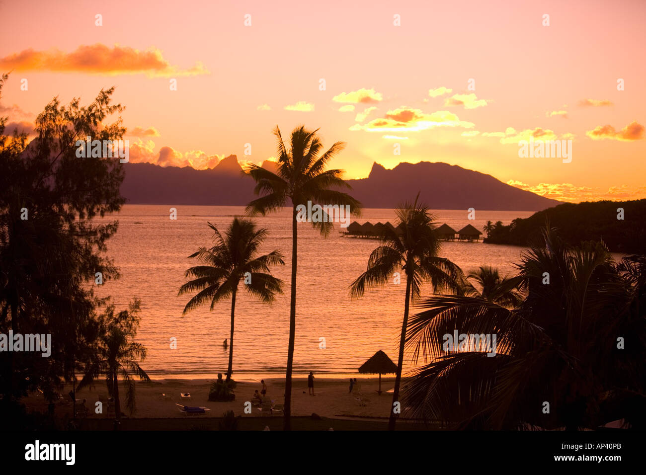 Sunset over Moorea from Sofitel Maeva Beach Resort, near Papeete ...