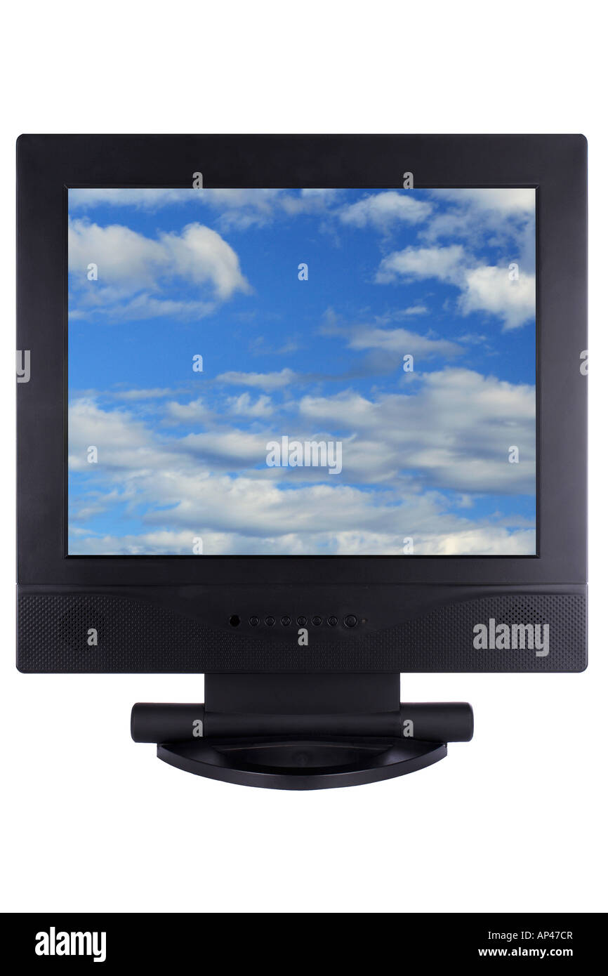 A flat panel lcd computer monitor with sky background isolated on white ...