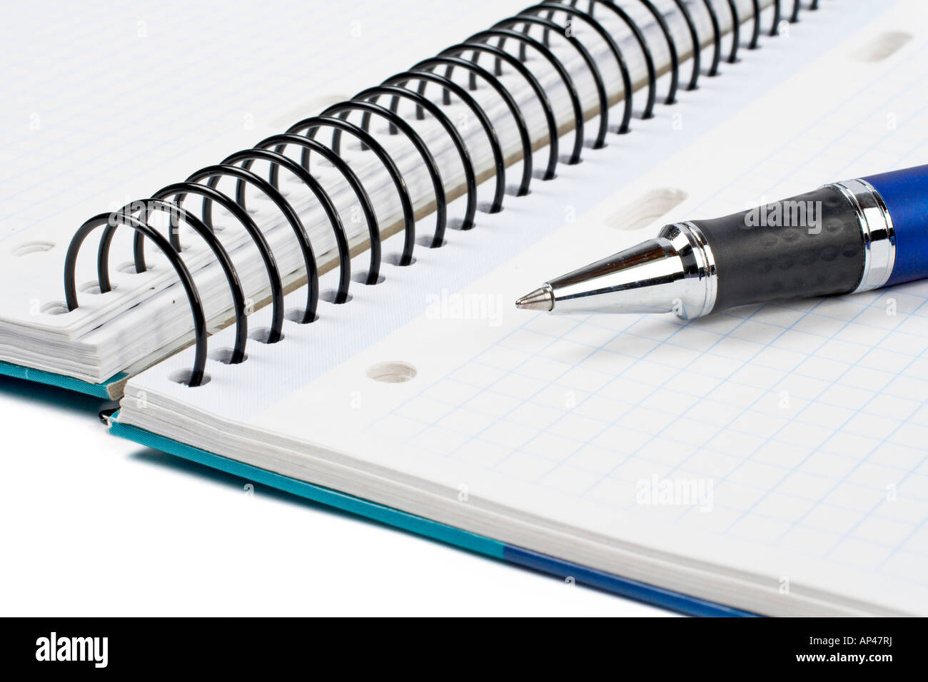 Detail of pen and notebook with shadow over a white background Stock ...