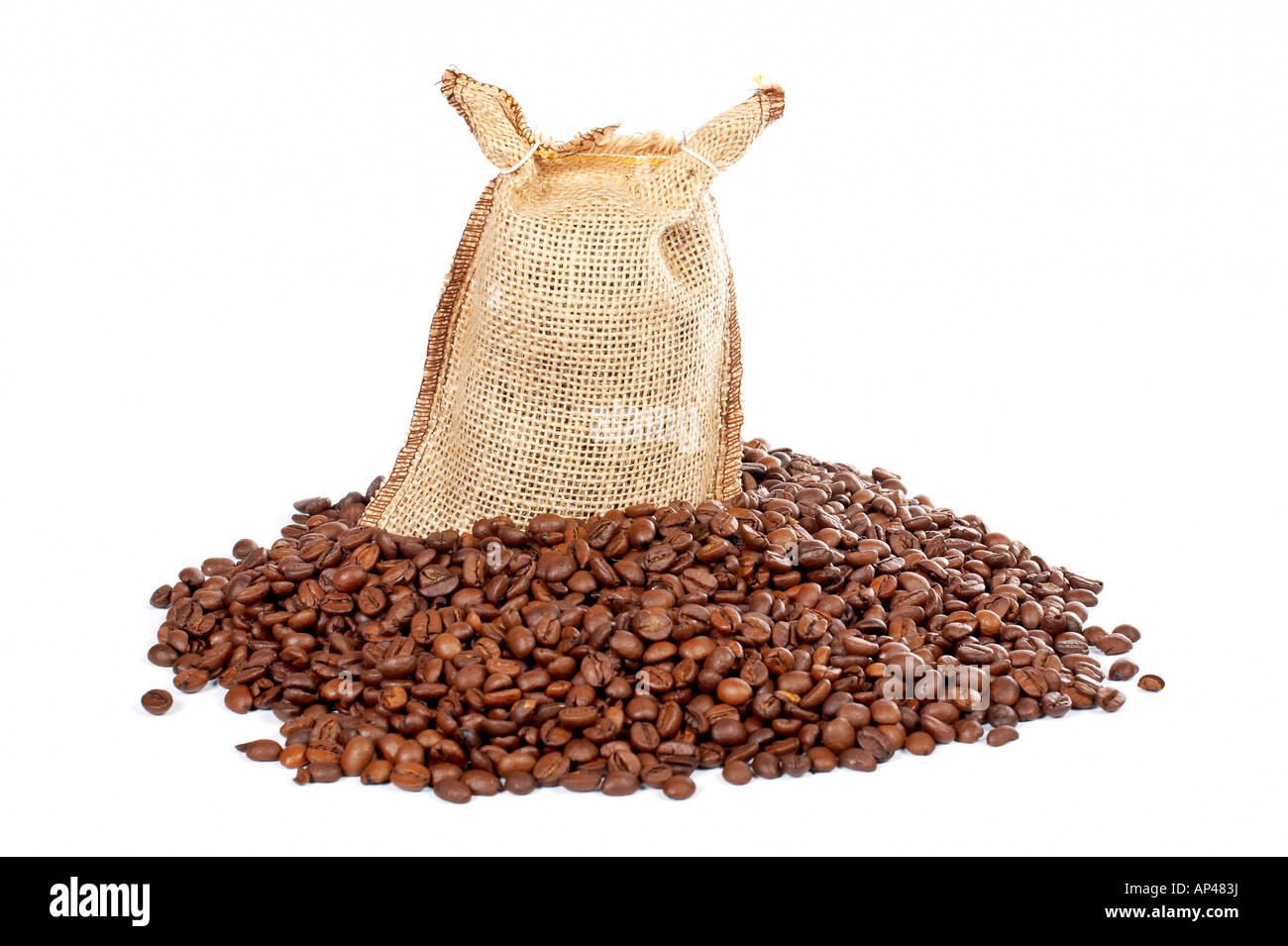 Burlap sack with coffee beans spilling out over a white background ...