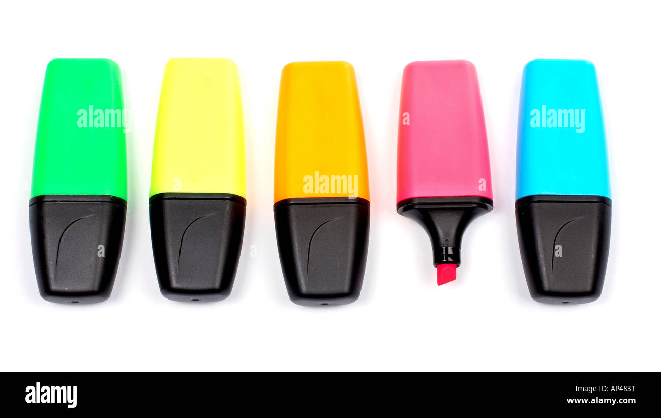 Assortment of five coloured labellers with shadow on white background ...