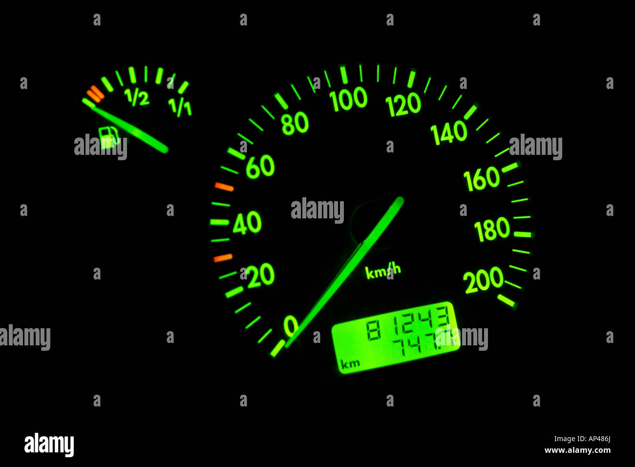 The green neon speedometer over a black background Stock Photo - Alamy