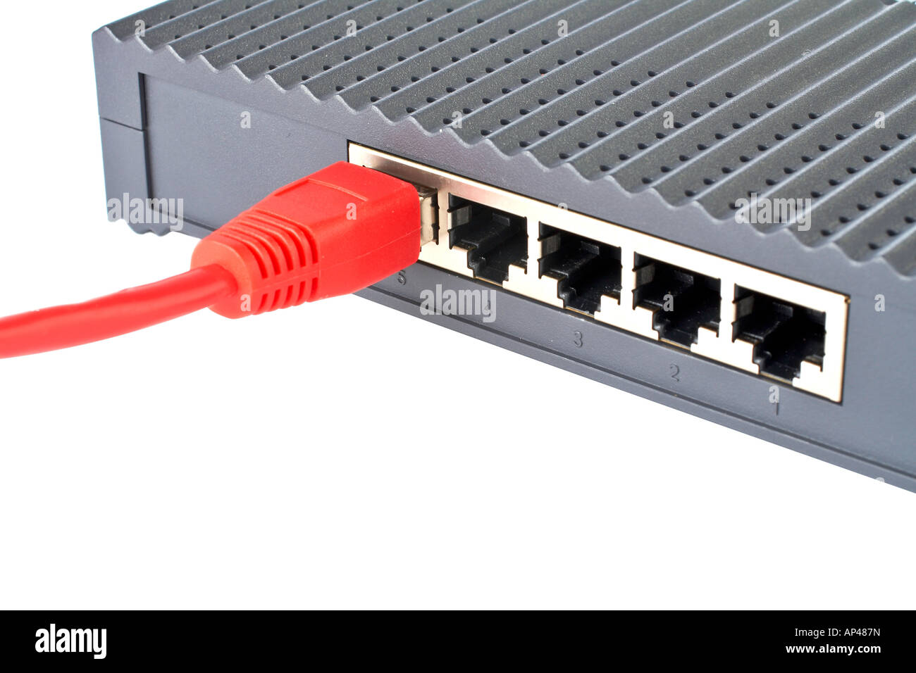 Red cable connected on the router on white background Stock Photo - Alamy