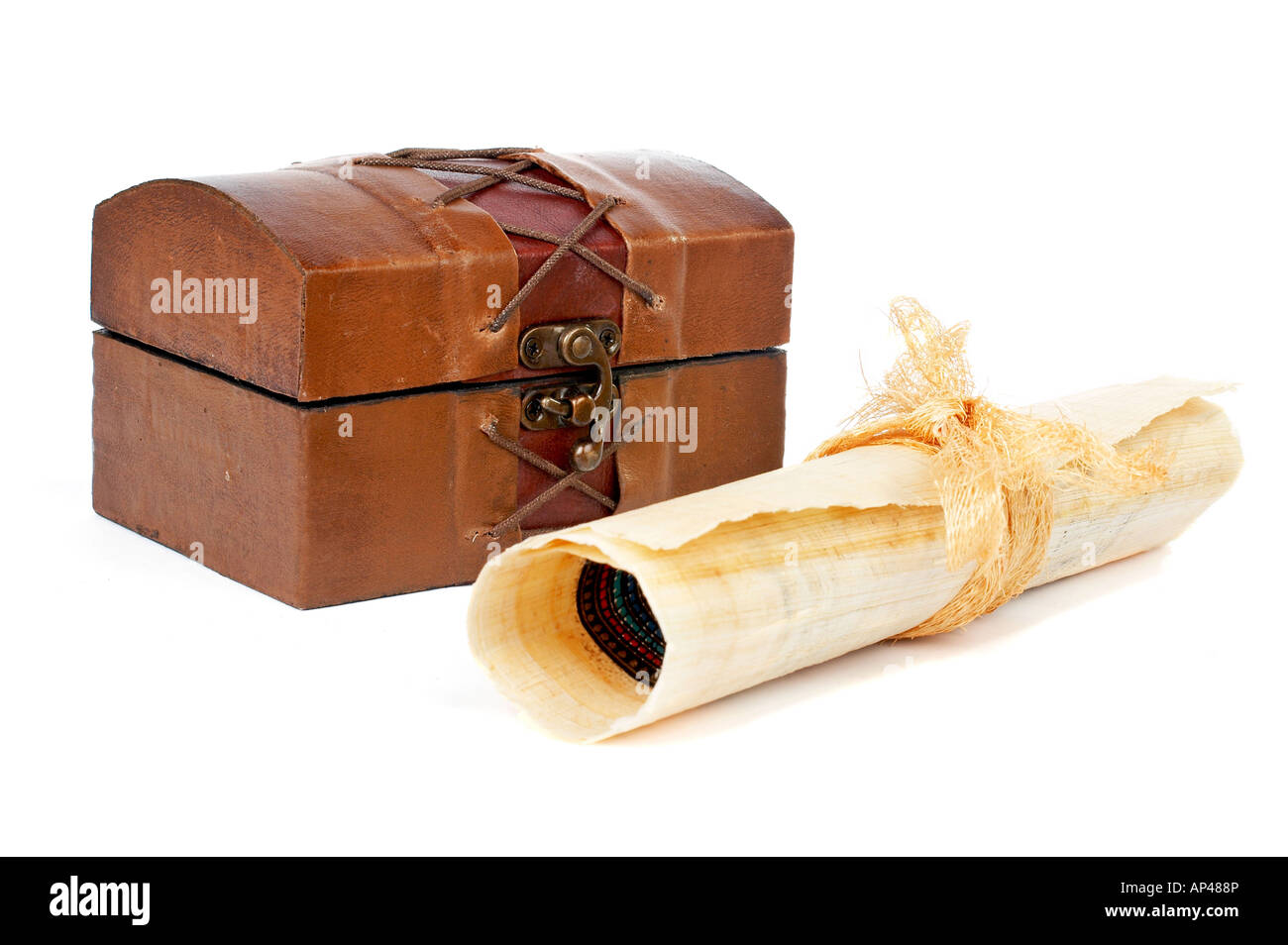 Treasure chest and papyrus scroll with shadow on white background Stock ...