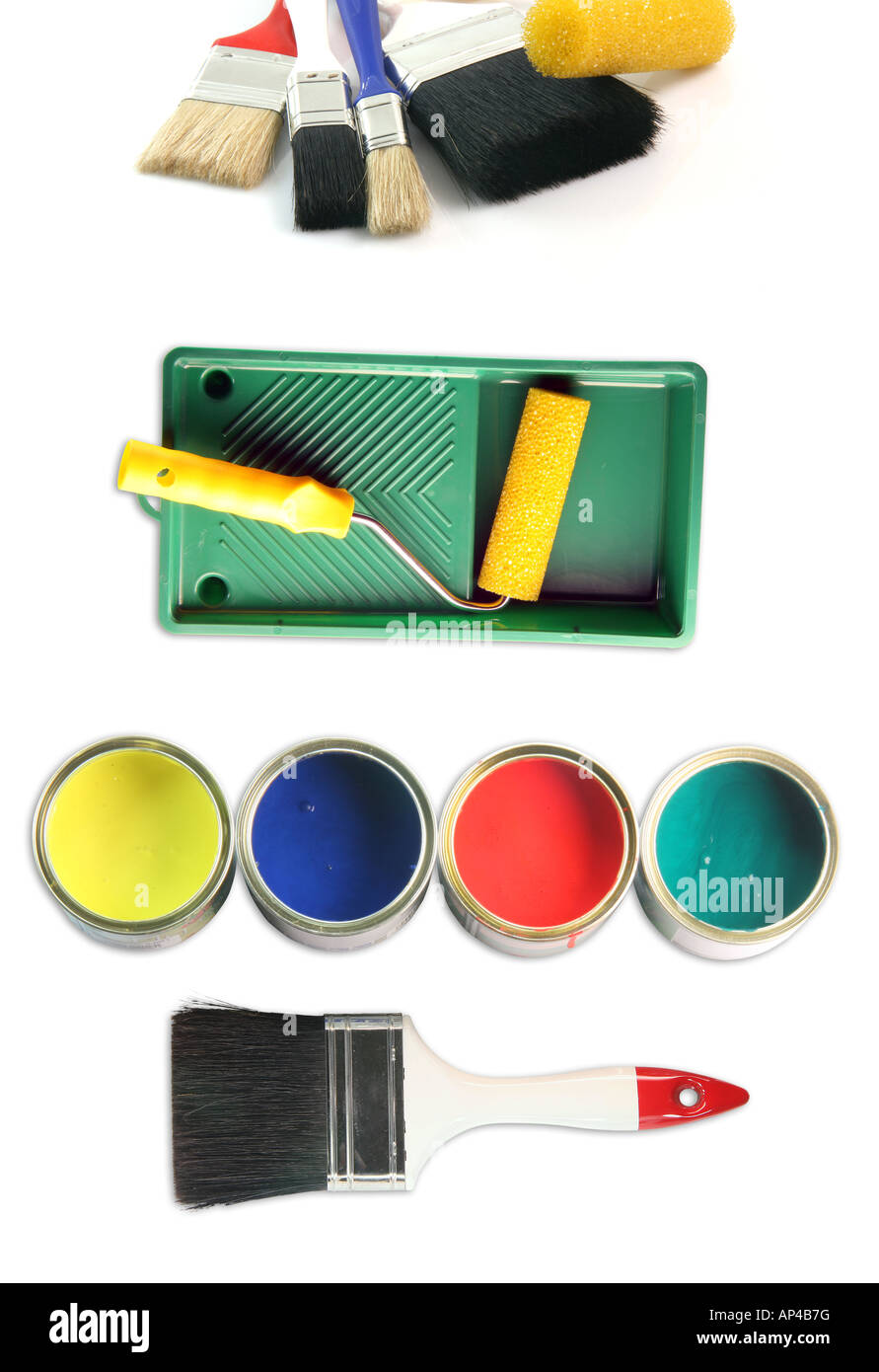 four color cans with paint brushes and paint roll totaly isolated on ...