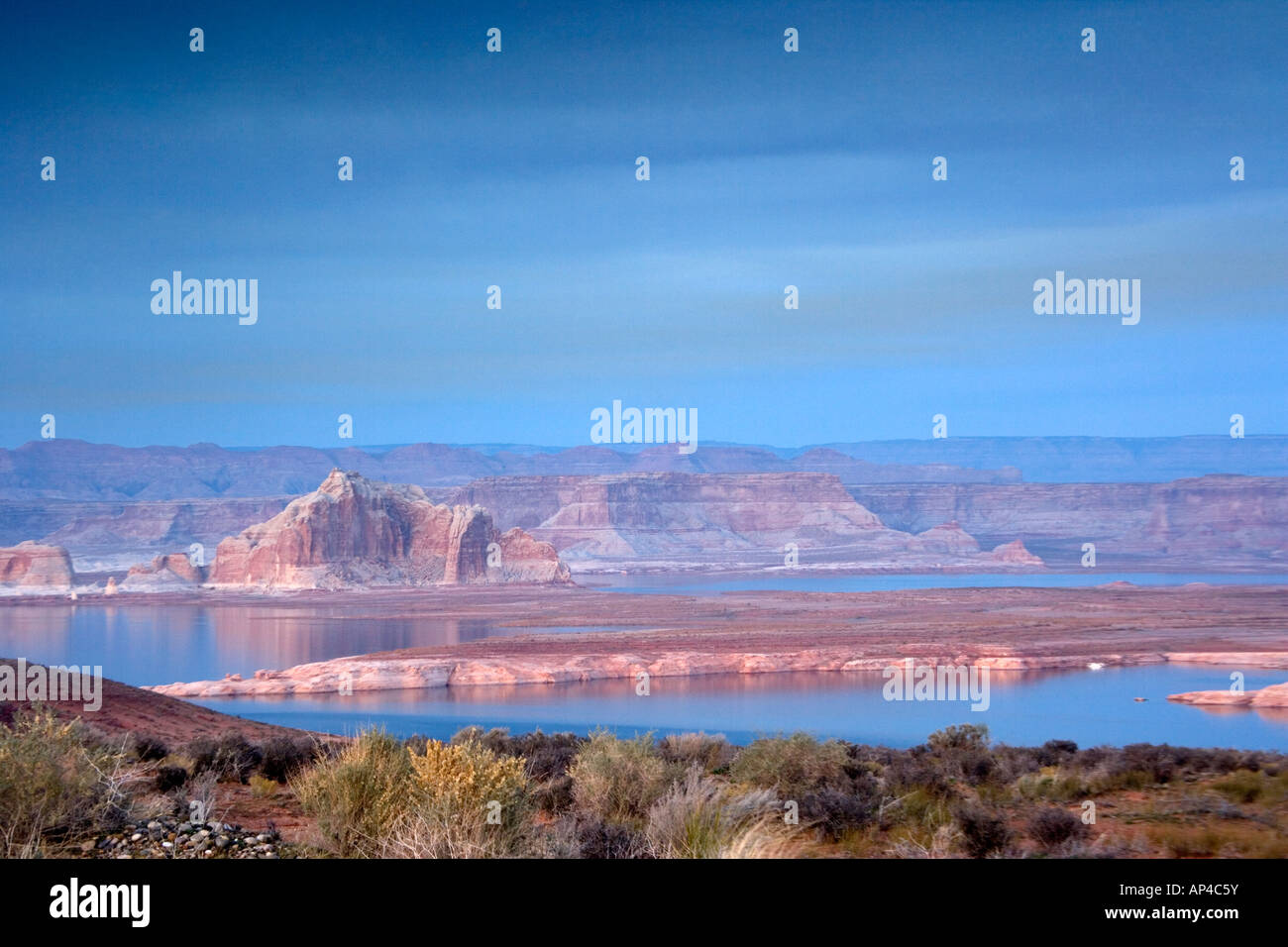 Lake Powell reservoir on the Colorado River with pall of yellow smoke ...