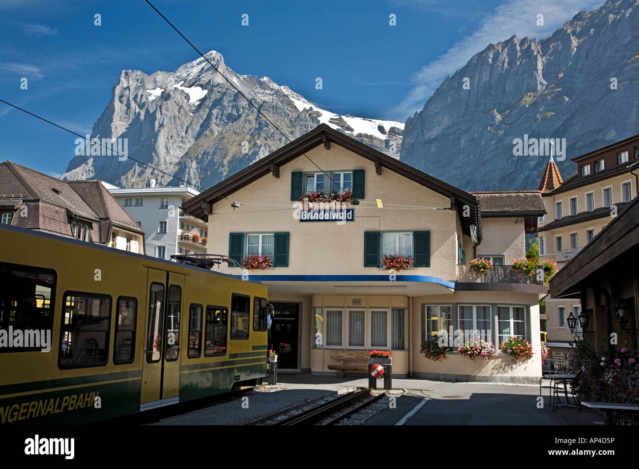 GRINDELWALD TRAIN TERMINUS WITH ALPS IN THE BACKGROUND SWITZERLAND ...