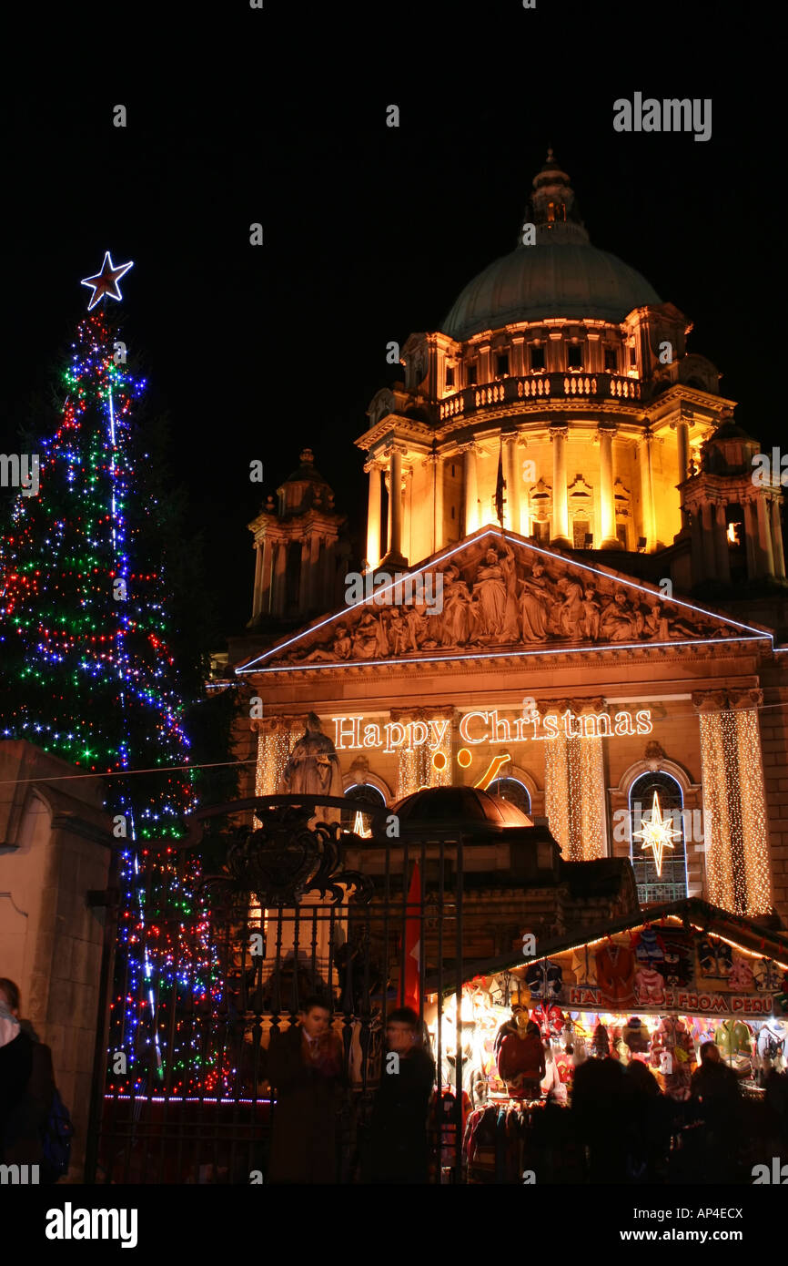 Happy Christmas sign on the Belfast City Hall, illuminated at Christmas ...