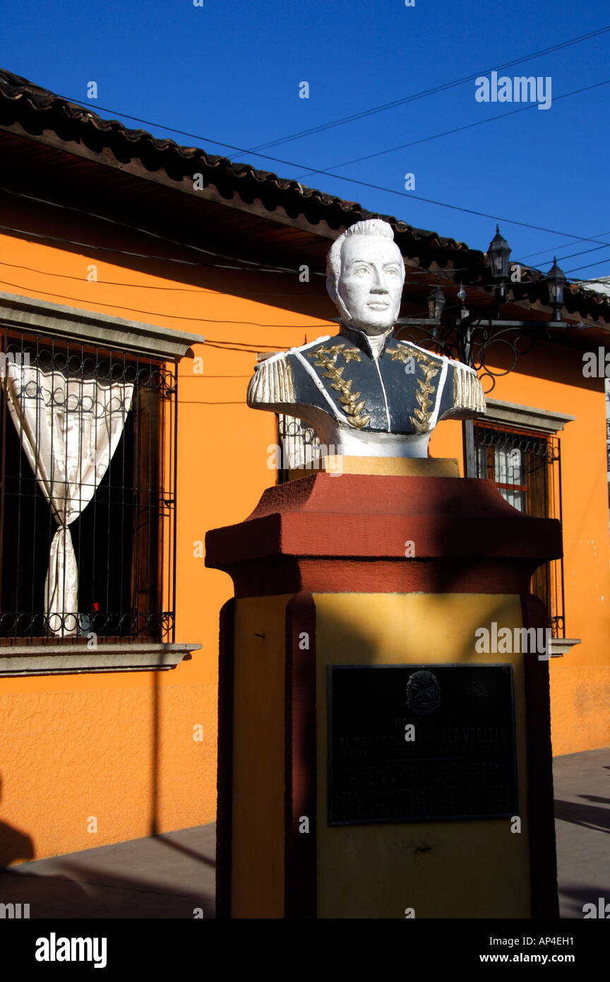 Central America, Honduras, Copan Ruinas. Typical street scene. Statue ...