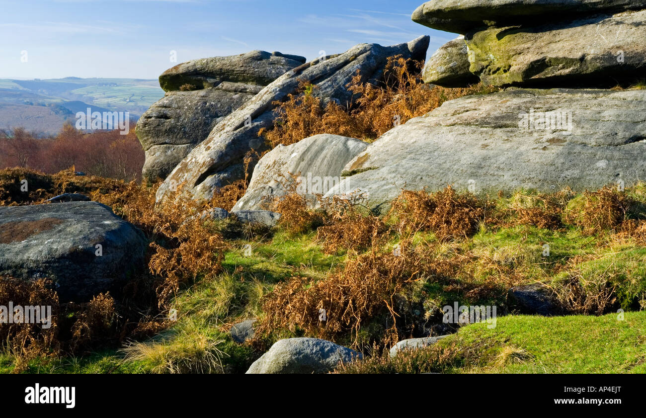 Close up view of rock formation on Hathersage Moor in the Peak District ...