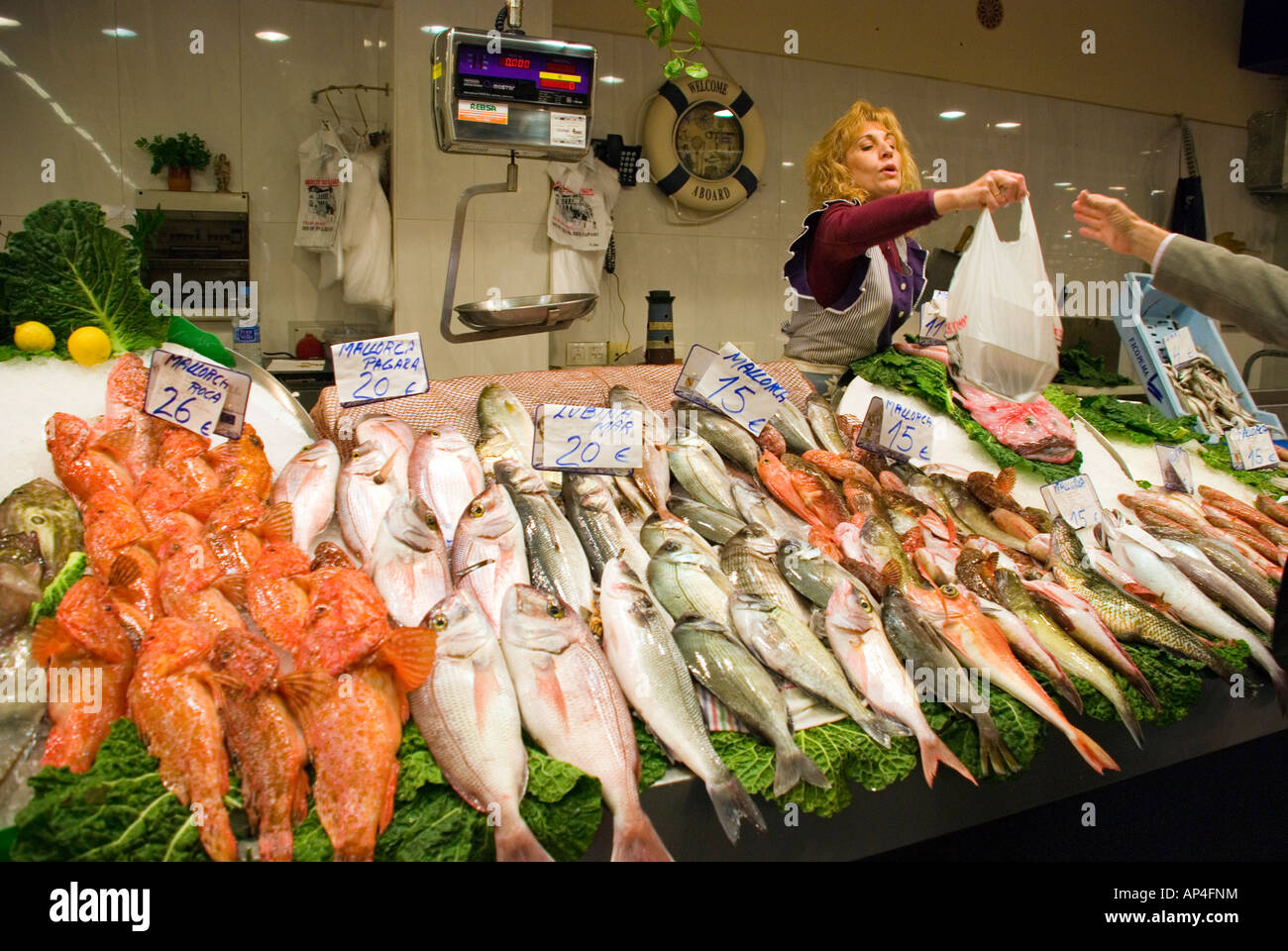 Palma Mallorca Spain Selling produce at the fish section of Mercat ...