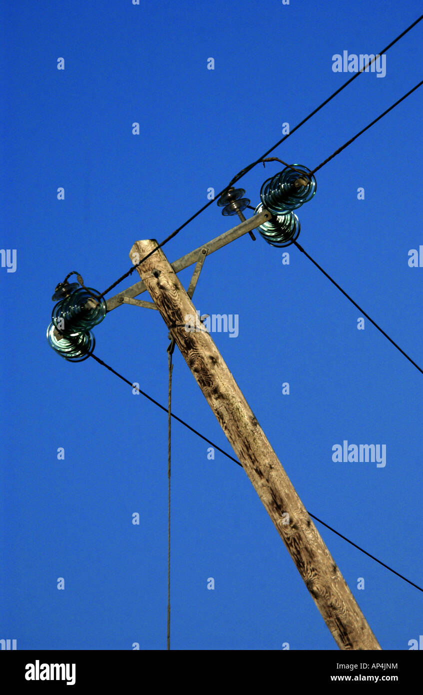Electricity pole with wires against a blue sky Stock Photo - Alamy