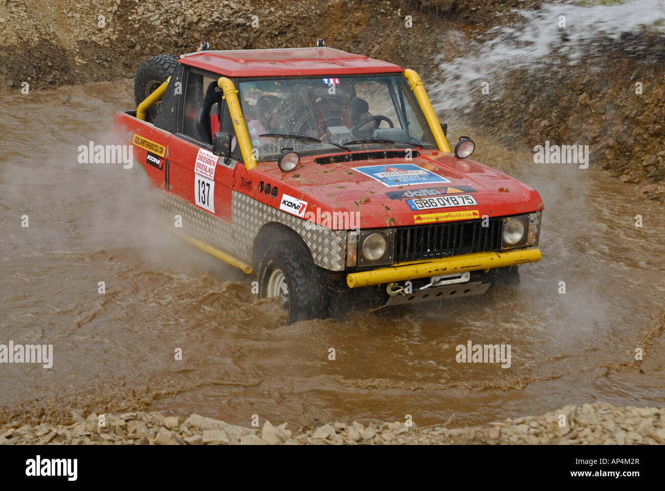 Range Rover Classic racing at the Rallye Dresden Breslau 2007 crossing ...