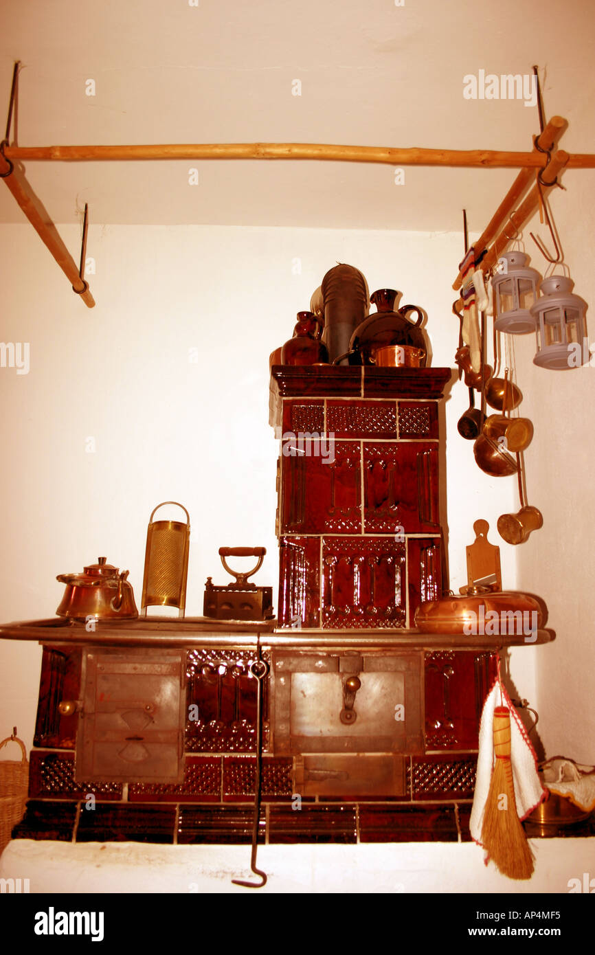 Bavarian country kitchen interior decorated with oldfashioned stove ...