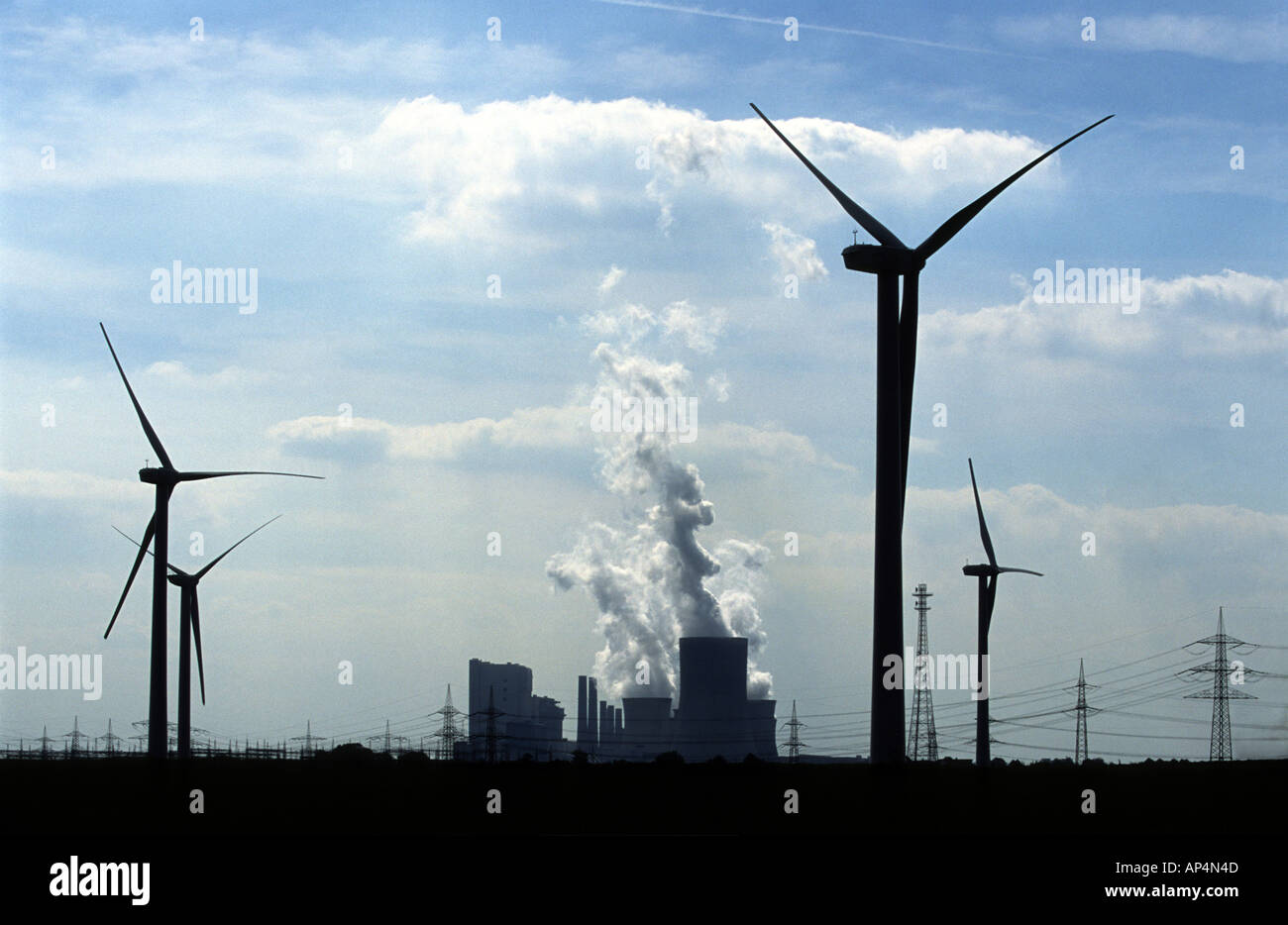Wind turbines on land close to a coal fired power srtation near Cologne ...