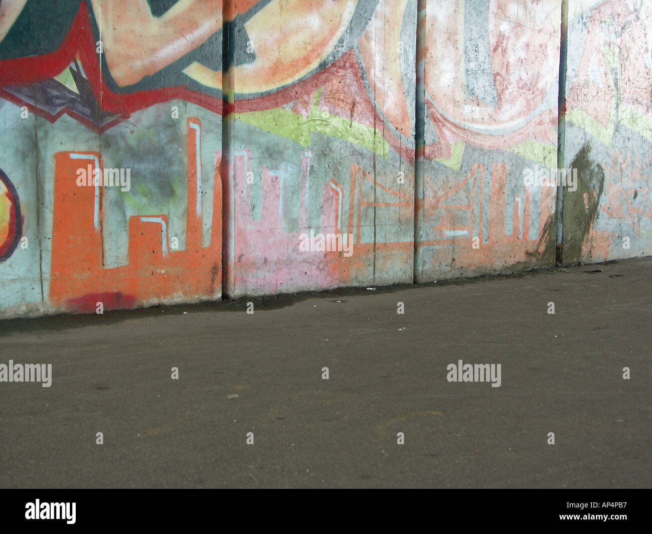City Skyline painted on Underpass wall Stock Photo - Alamy