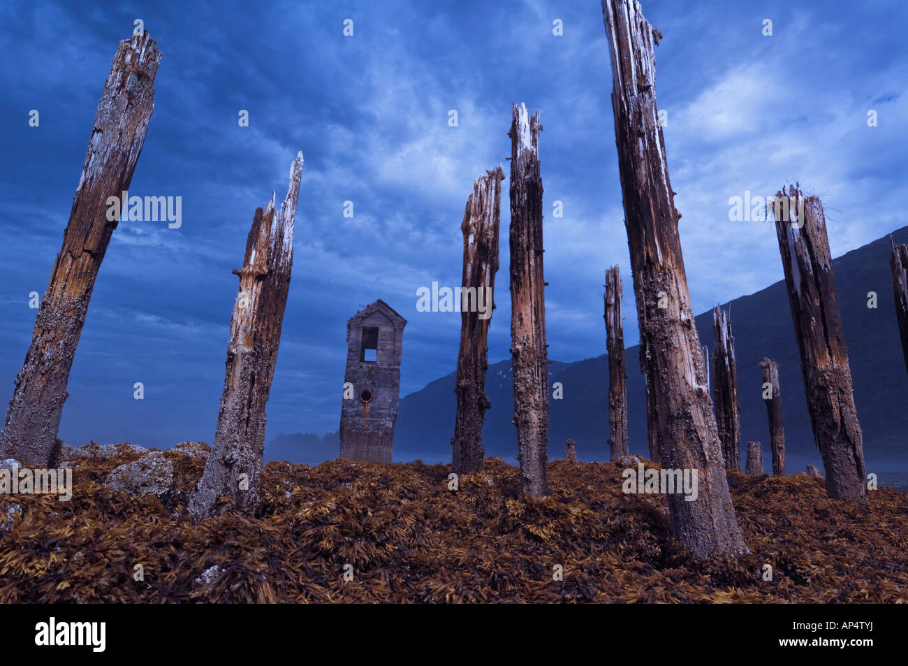 Eerie old ruins of Treadwell on Douglas Island, Juneau, Alaska USA ...
