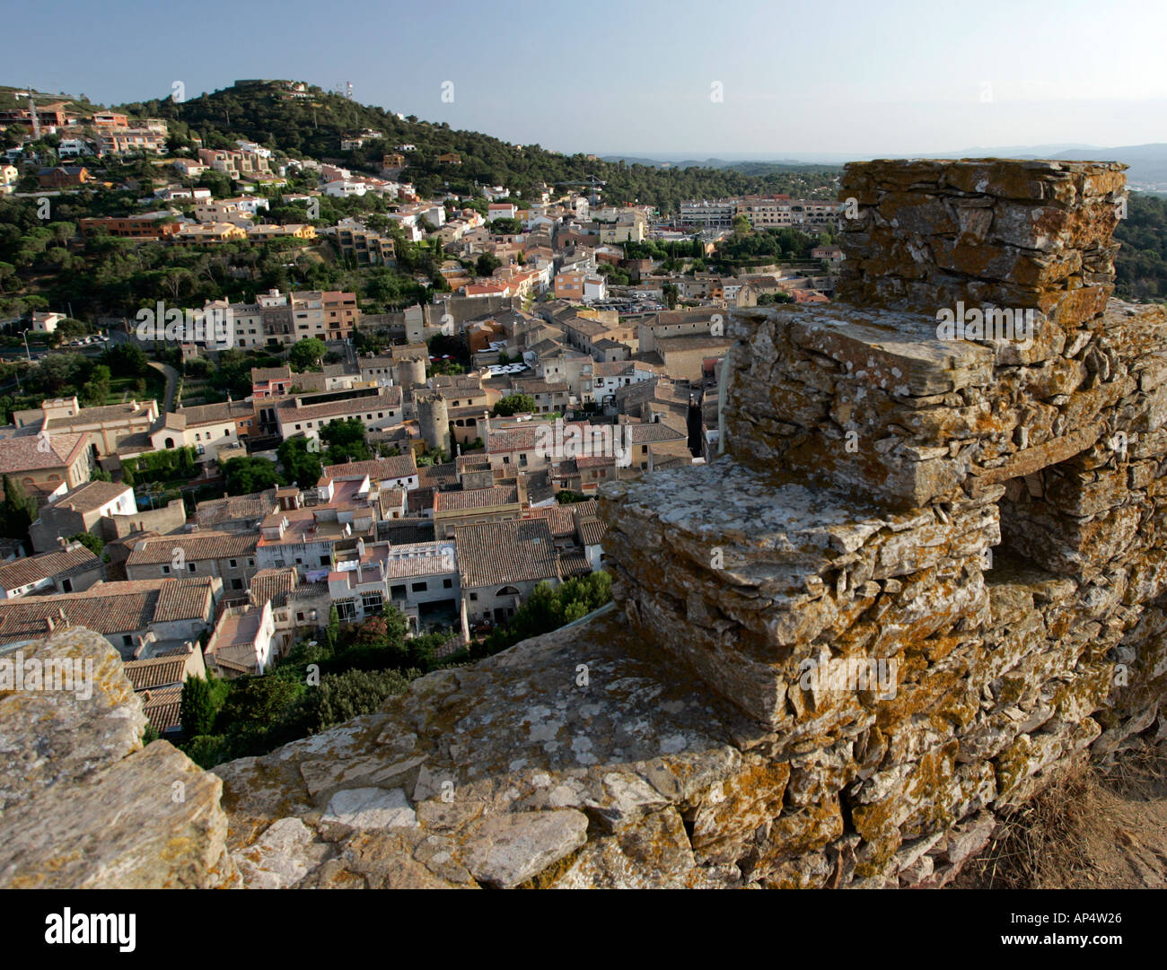 Aerial view of Begur in Catalonia, Spain, seen from the castle walls ...