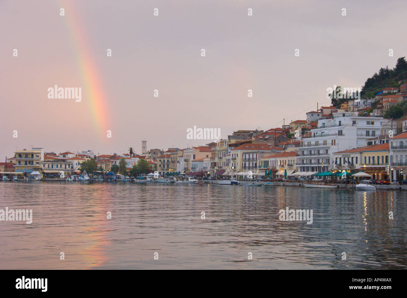 A rainbow with lighthouse at the fishing town of Githeo Greece Stock ...
