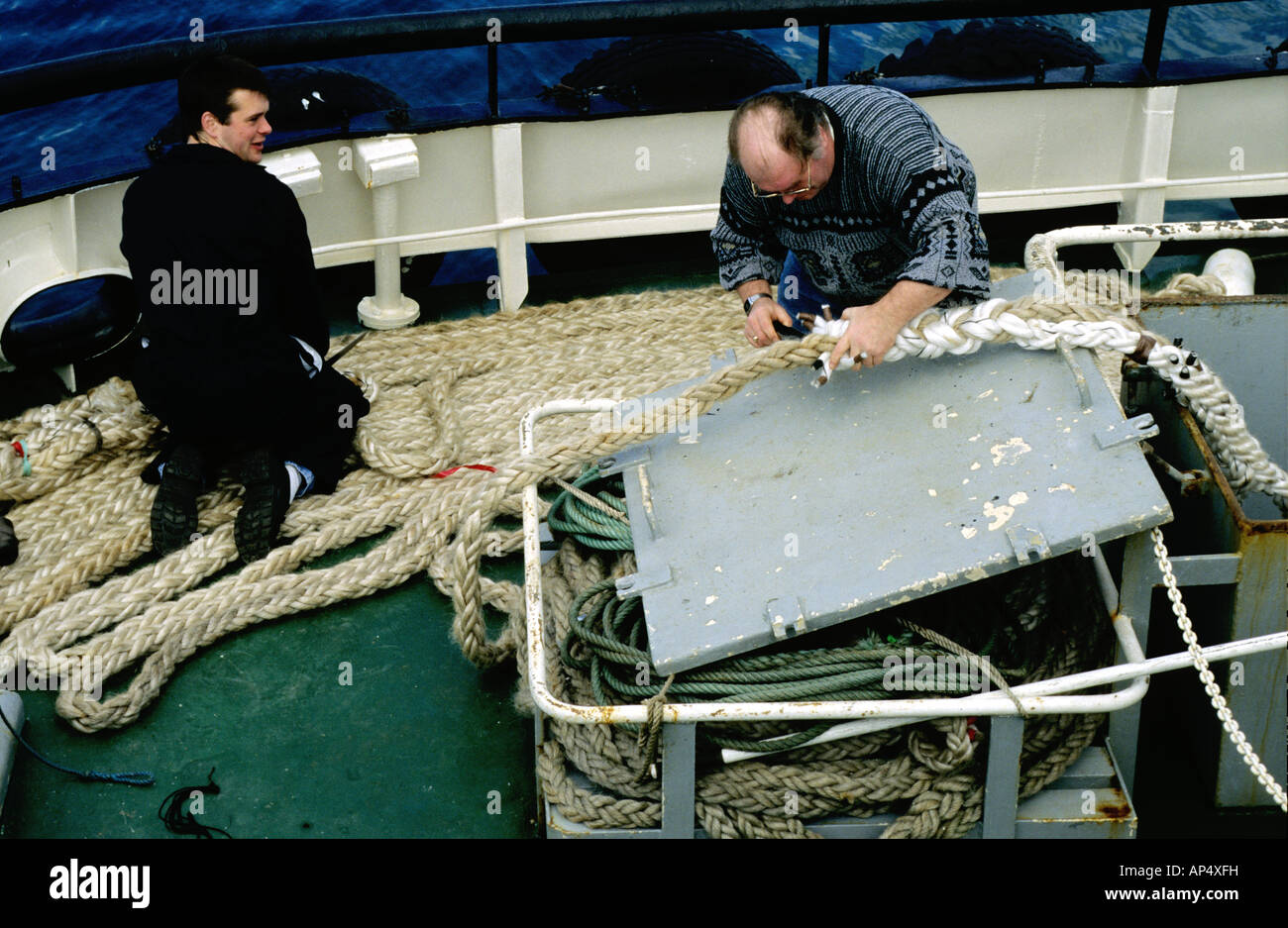 Splicing rope on a boat in Lerwick Harbour in Shetland Stock Photo - Alamy