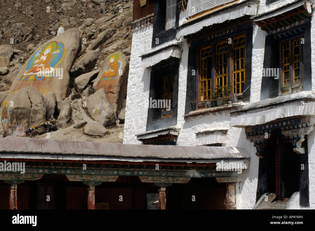 Painting on a rock of TSONGKHAPA the founder of the GELUKPA SECT of ...
