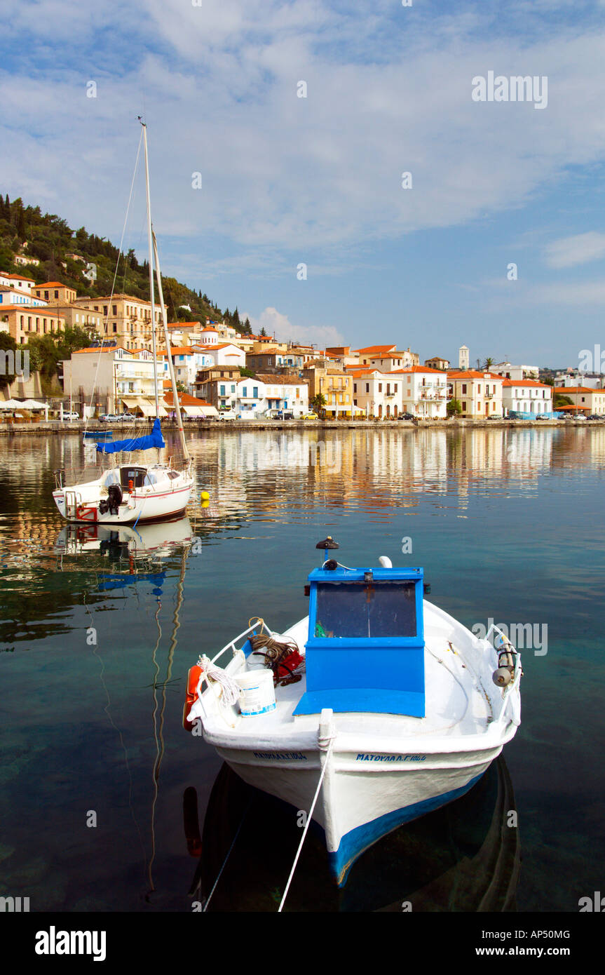 Pastel colored buildings on the waterfront and colorful fishing boats ...