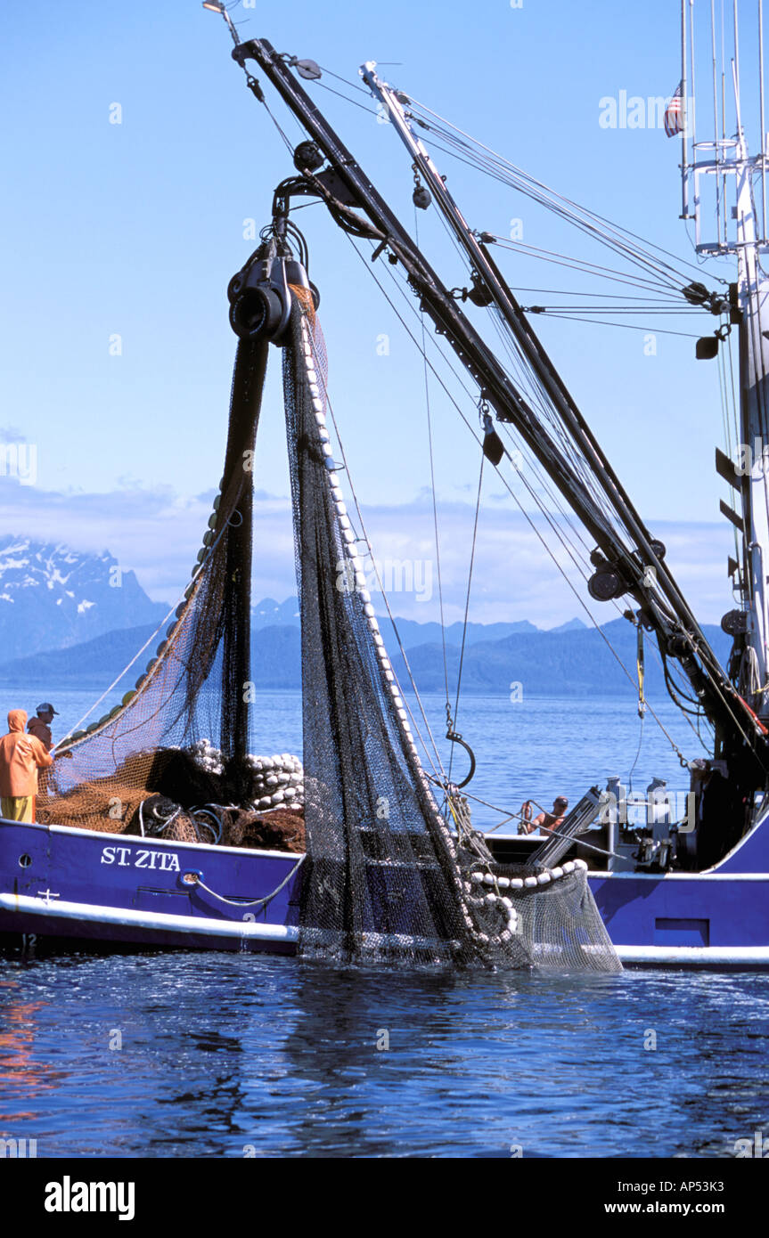 North America, USA, Alaska, Prince William Sound. A purse seiner hauls ...