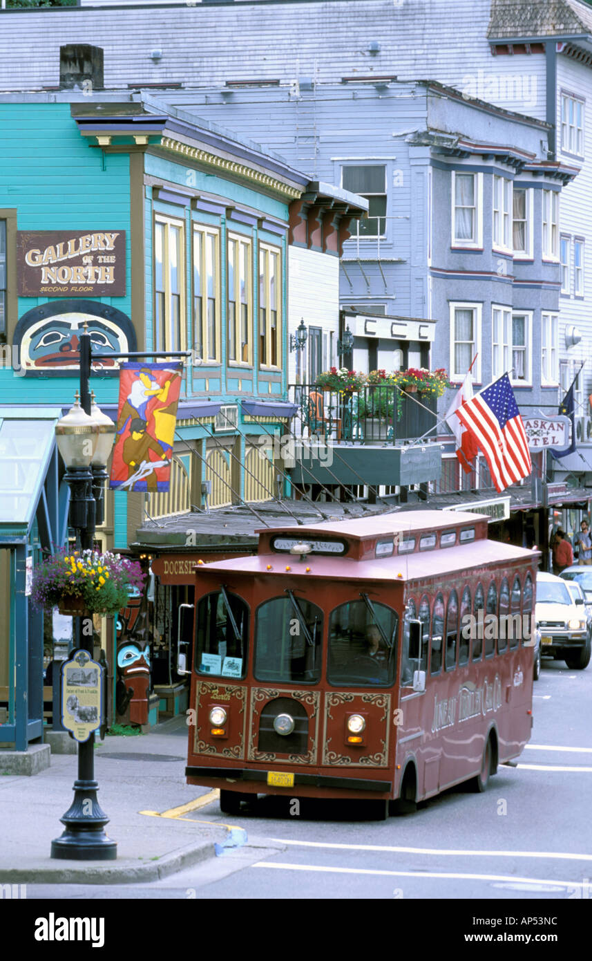 North America, USA, Alaska, Juneau. Trolley car shuttles passengers ...